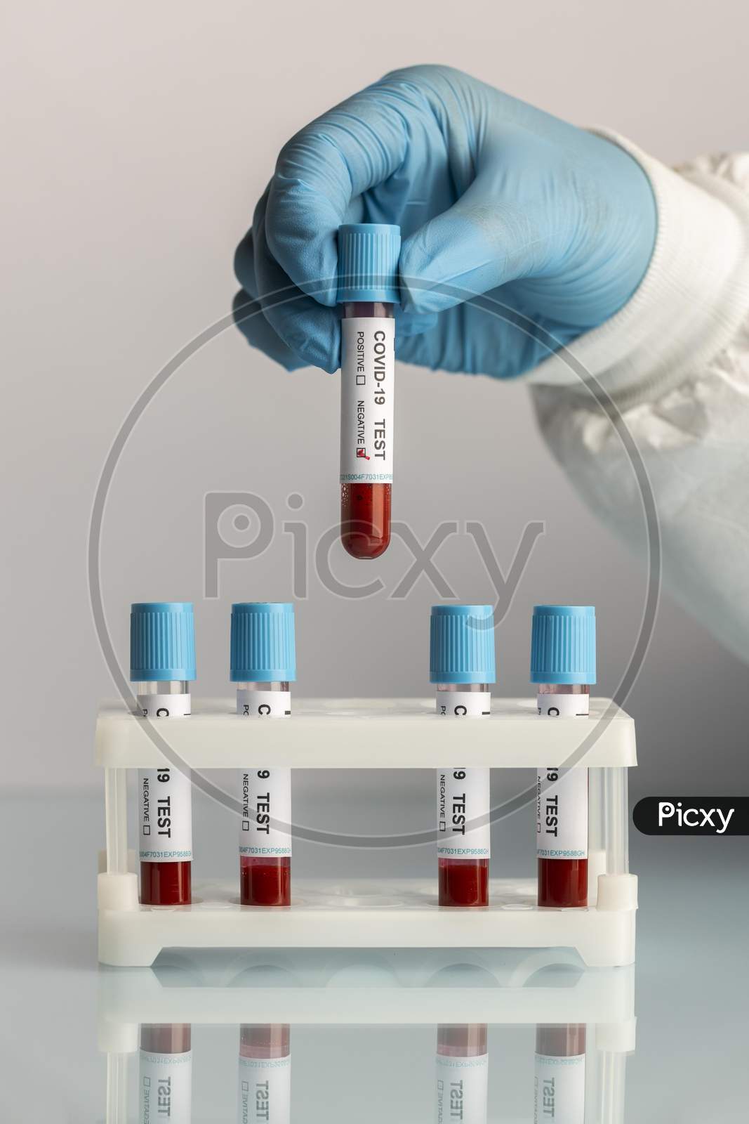Image of Hand with protective gloves holding a blood samples for covid ...