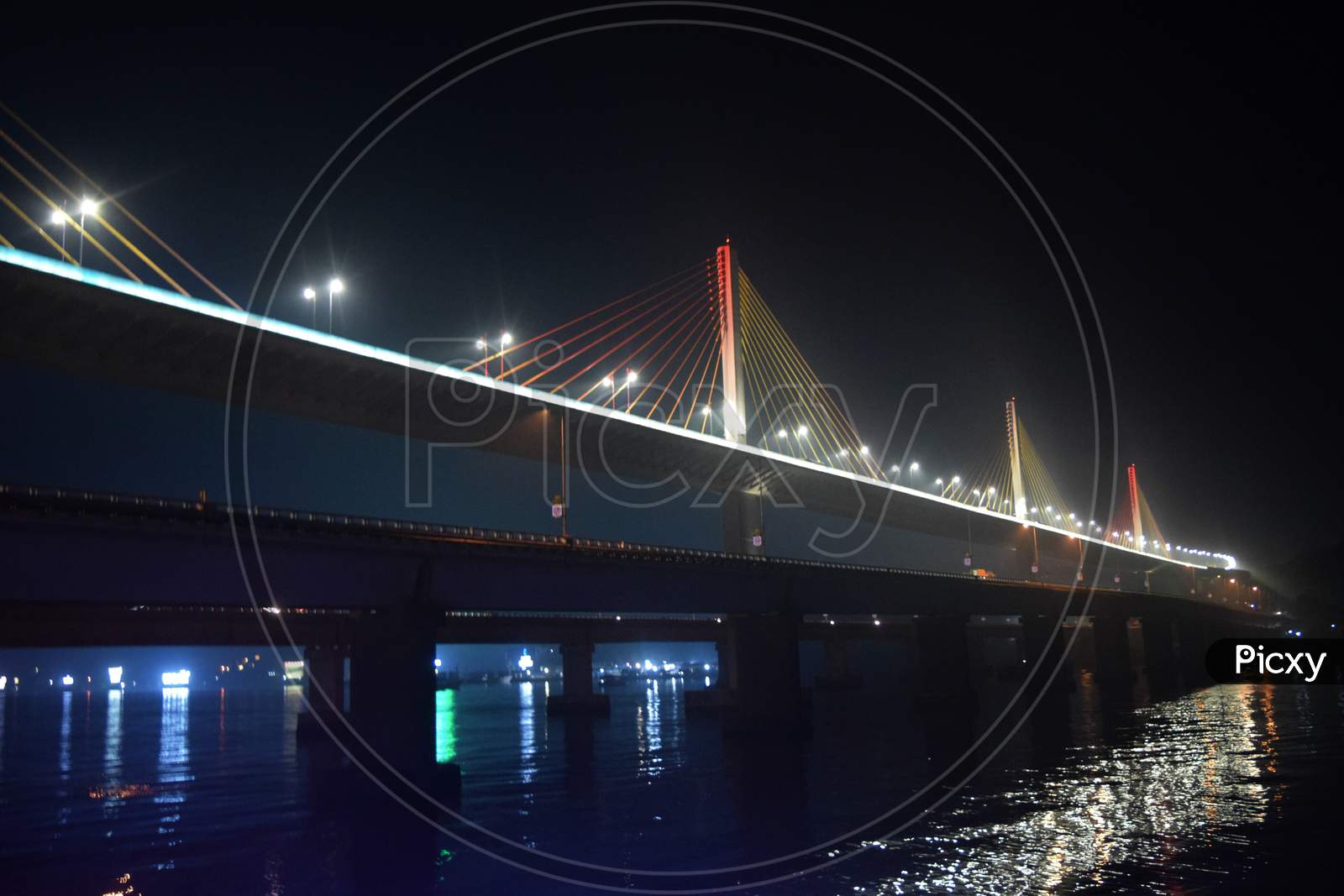 Image of A night picture of Atal Setu in Goa over the Mandovi River ...