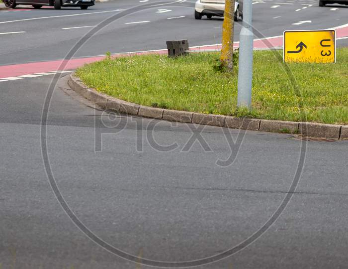 Image of Yellow traffic sign for redirection on urban streets forces ...