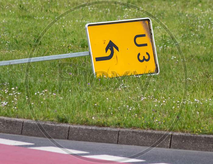 Image of Yellow traffic sign for redirection on urban streets forces ...