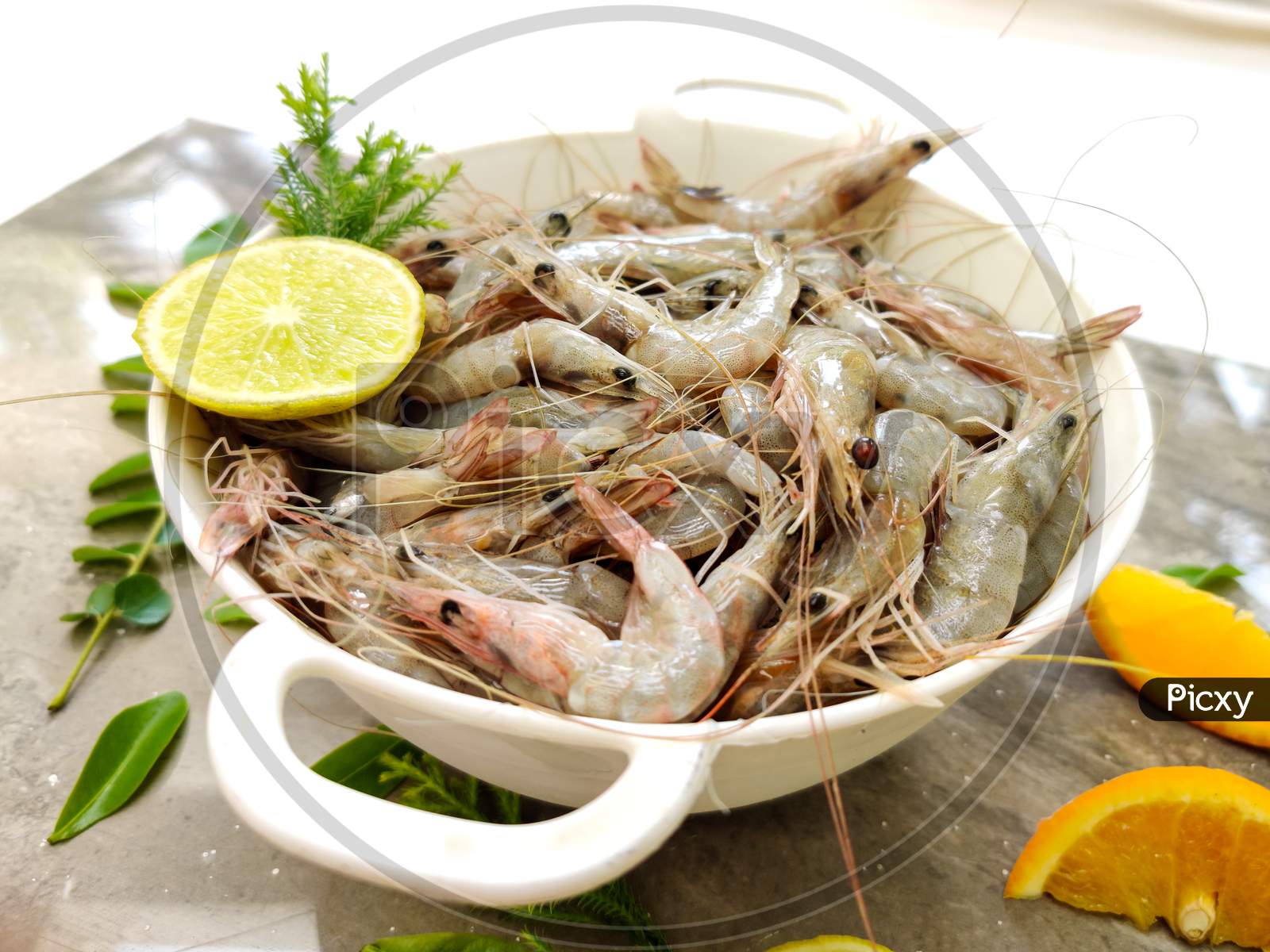 Image of Fresh White Prawns Decorated In A White Bowl With Herbs And ...