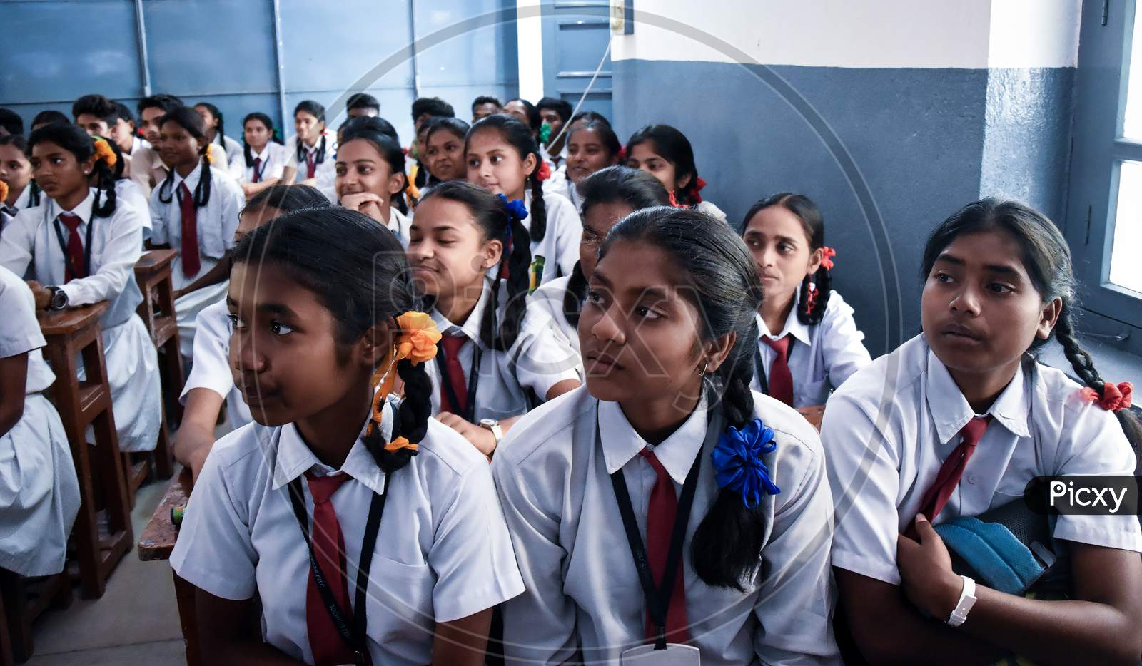 Image of In School Assembly Girls are sitting in Discipline. close up ...