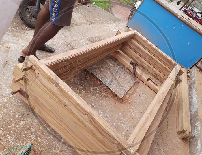Image of Closeup Of Wooden Door Vascal Making Outside The Shop By ...