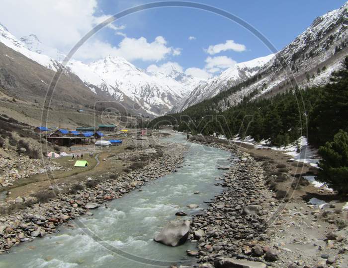 Image of Baspa river of Kinnaur,green trees and snow , India's Last ...