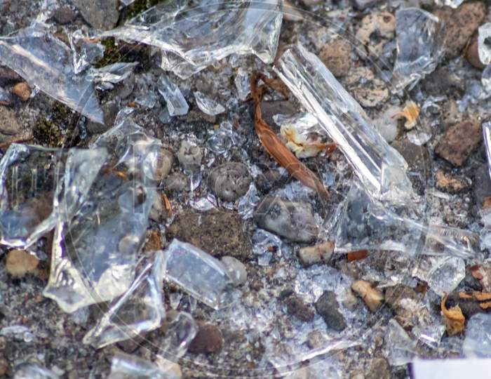 Image of Sharp shards of a broken glass bottle on the ground with sharp ...