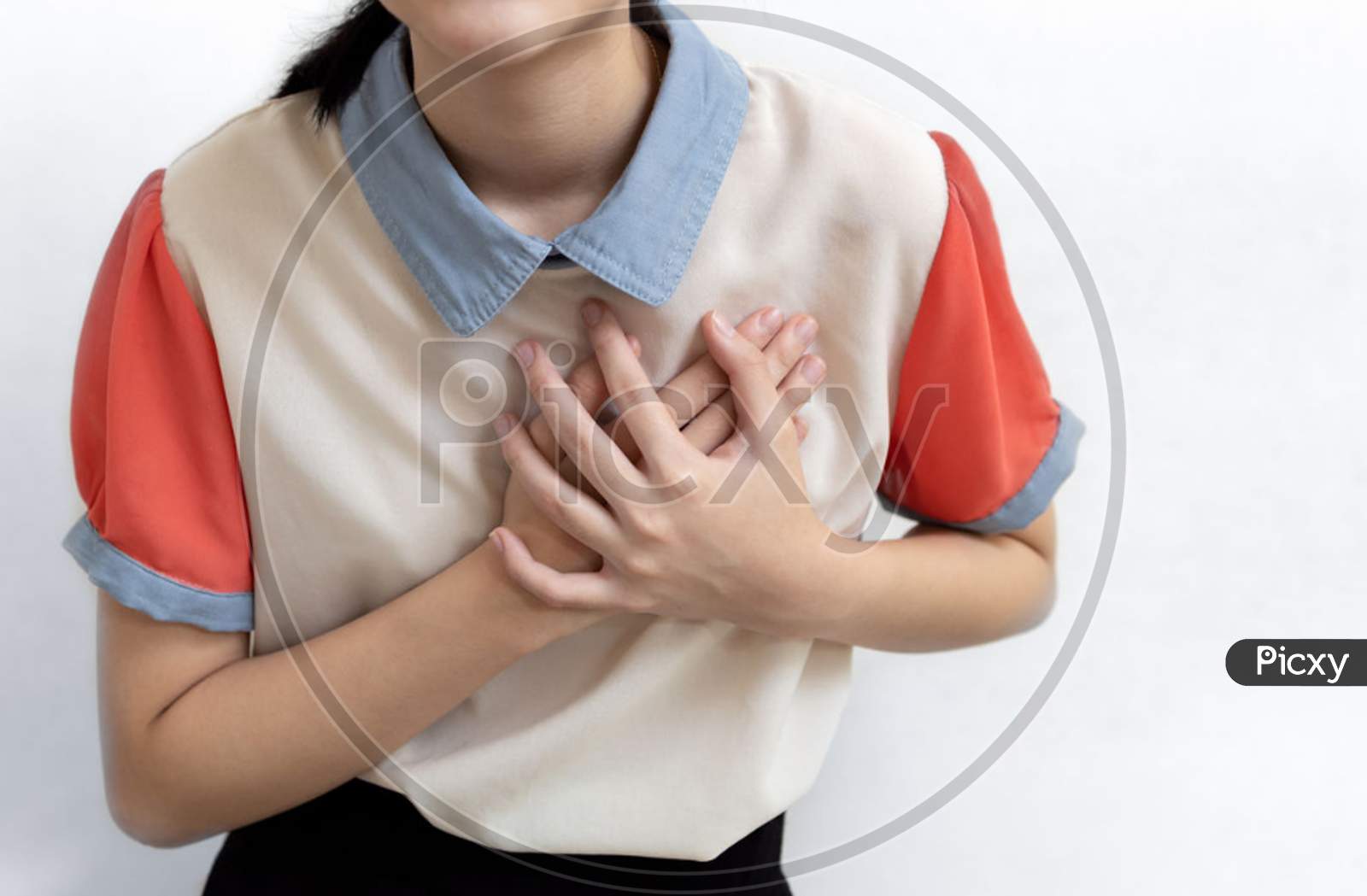 Image of Sick asian child girl having difficulty breathing,patient suffering from pain in chest ...