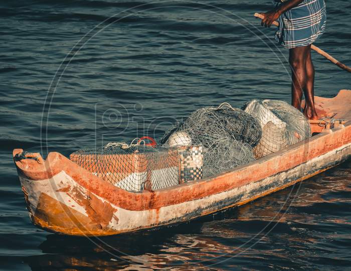Image of Fishing boats floating on the sea. Fishermans in boat with ...