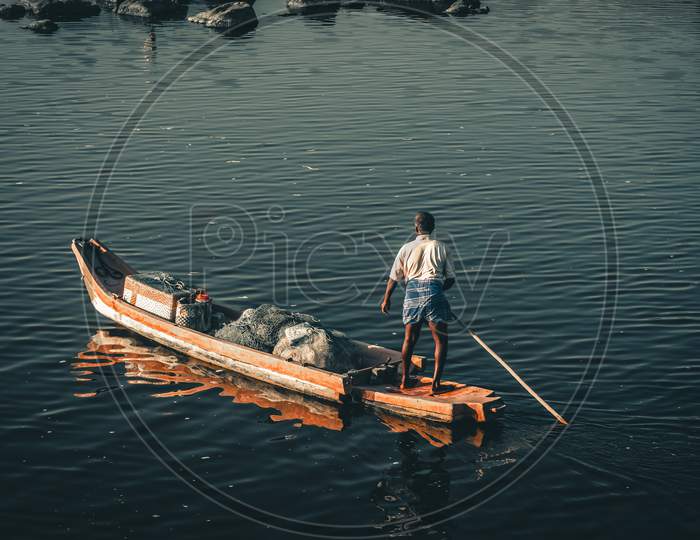 Image of Fishing boats floating on the sea. Fishermans in boat with ...