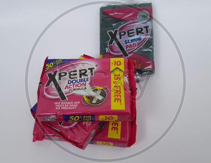 Image of Closeup of packed XPERT Utensil Cleaner Bar and Scrubber Pad ...