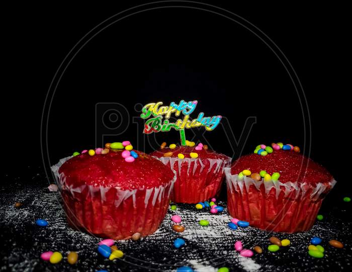 Image of Closeup of Delicious Red Velvet cupcakes or muffins decorated ...