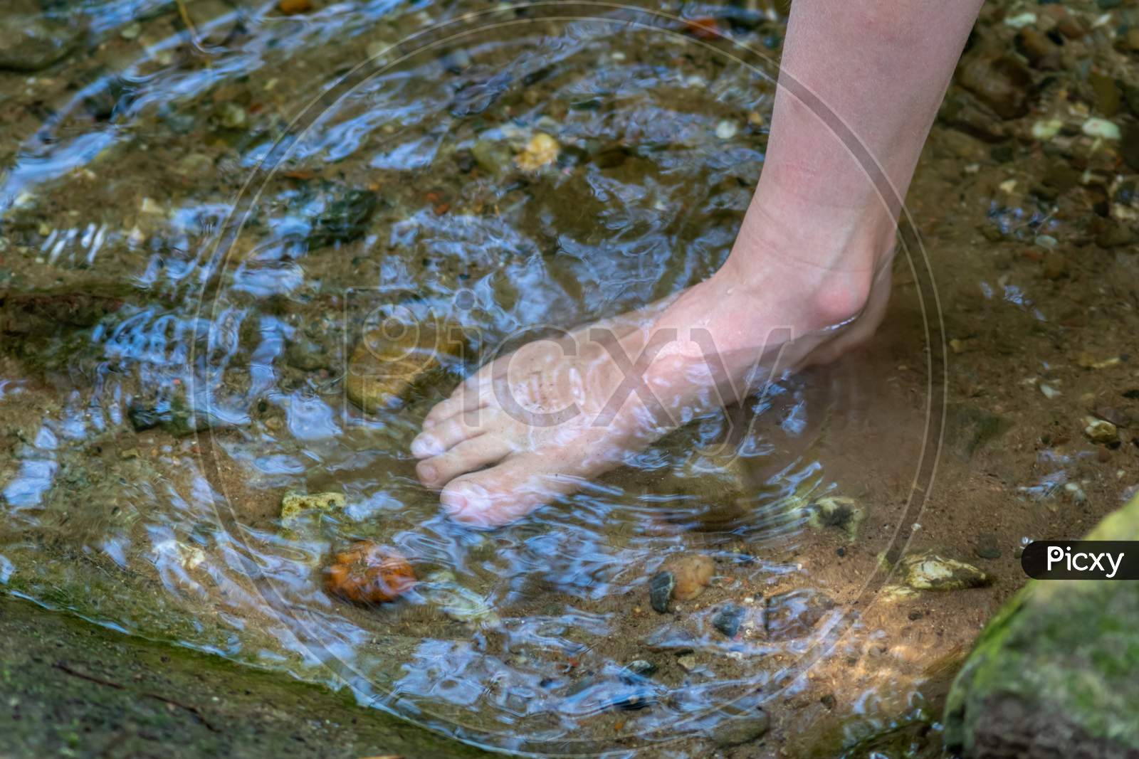 Image of Young boy playing barefoot with clear water at a little creek ...
