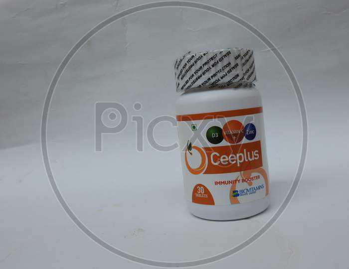 Image of Closeup of Ceeplus Immunity Booster Tablets Plastic Container ...