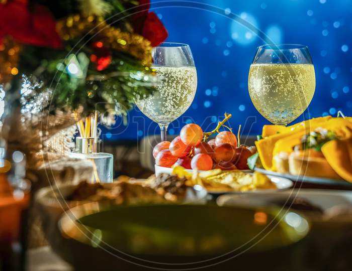 Image of Christmas Tree And Snacks For Wine On The Buffet Table. Cold ...