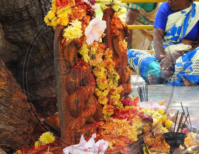 Image of Closeup Of Snake Statue In Stone Or Nagara Kallu In A Temple ...