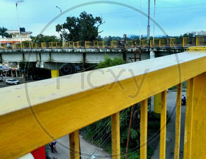 Image of seeing through safety railing bars fence on the bridge ...