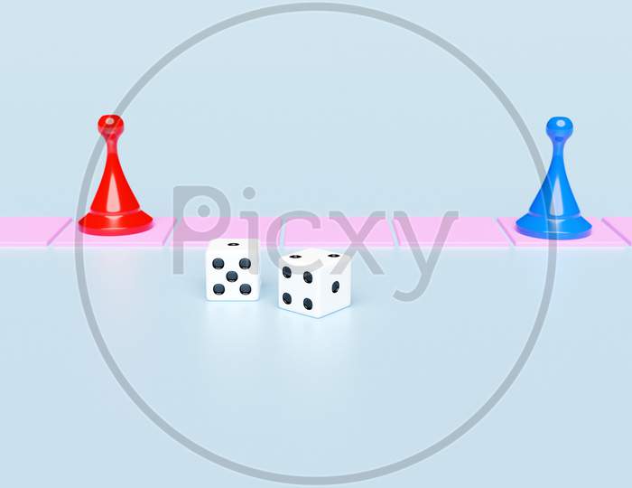 Image of Blue And Red Game Pieces And Two Dice: Entertainment, Home ...