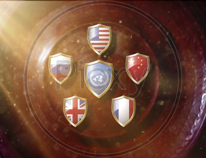 Image of Veto Power Countries Flags In Golden Shield On Copper Texture ...