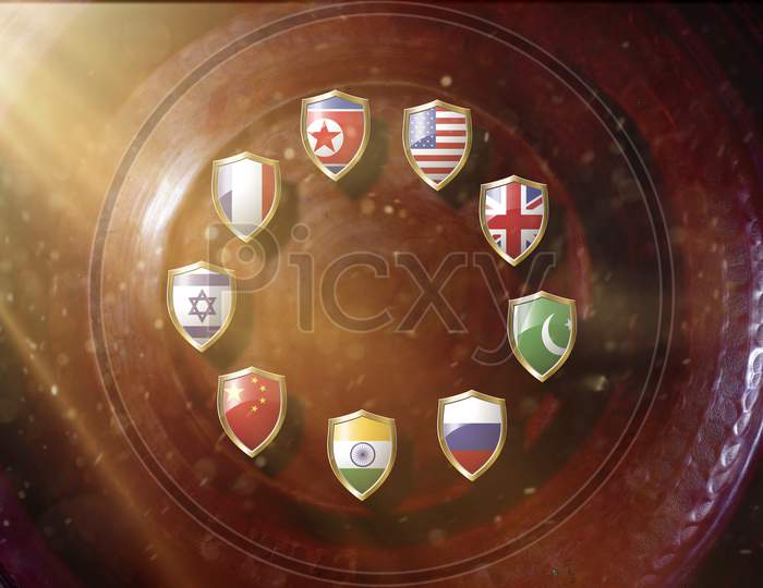 Image of Veto Power Countries Flags In Golden Shield On Copper Texture ...