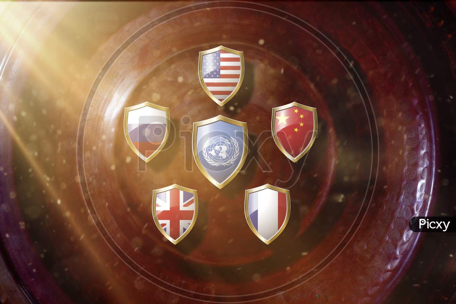 Image of Veto Power Countries Flags In Golden Shield On Copper Texture ...