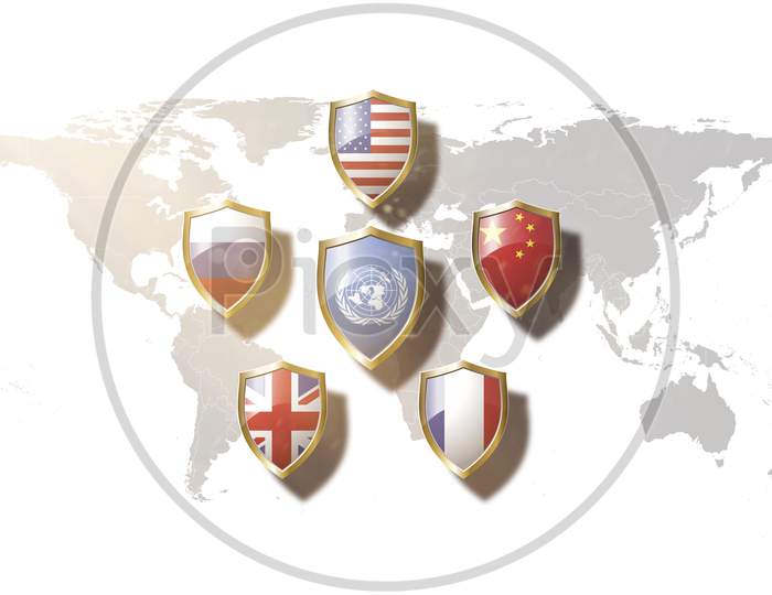 Image of Veto Power Countries Flags In Golden Shield On Copper Texture ...
