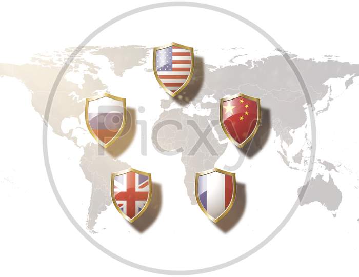 Image of Veto Power Countries Flags In Golden Shield On Copper Texture ...