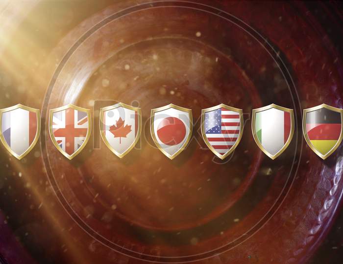 Image of Veto Power Countries Flags In Golden Shield On Copper Texture ...
