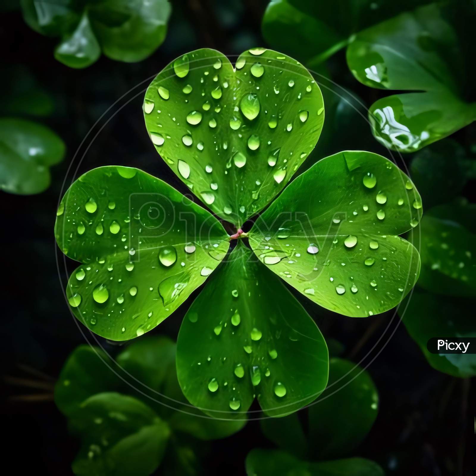 Green Four-Leaf Clover, Top View; Small Raindrops, Dew. Green Four-Leaf ...